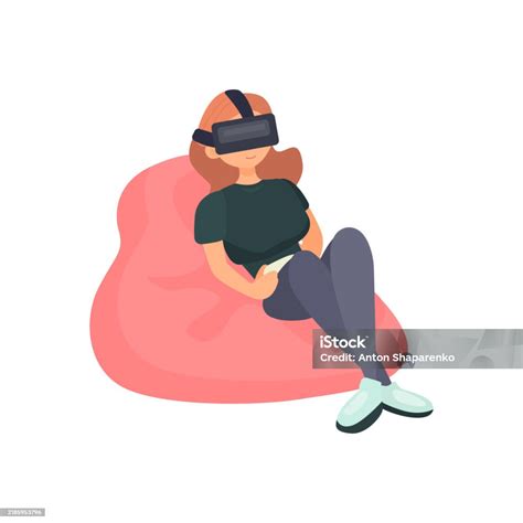 콩 주머니 의자에 앉아있는 가상 현실 헤드셋을 사용하는 젊은 여성 20 29세에 대한 스톡 벡터 아트 및 기타 이미지 20 29세 Brand Name Video