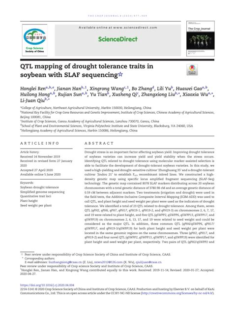 Qtl Mapping Of Drought Tolerance Traits In Soybean With Sl 2020 The