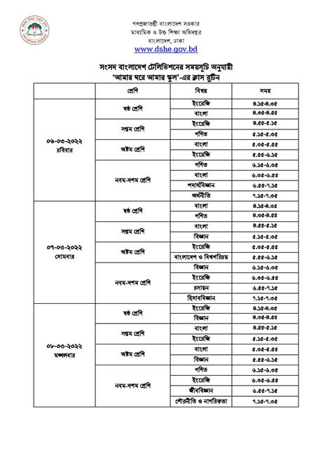 Online Class Routine 2022 আমার ঘরে আমার স্কুল অনুষ্ঠানের ক্লাস রুটিন