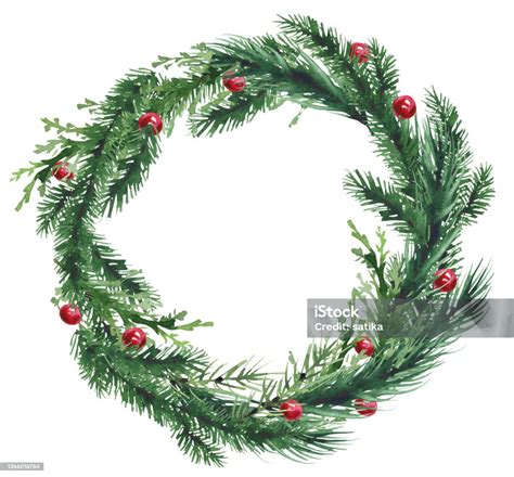 크리스마스 전나무 나무와 빨간 공은 국경 프레임을 화환 흰색 배경에 수채화 손으로 그린 그림을 그린 그림 물 색 도면 가문비나무에 대한 스톡 벡터 아트 및 기타 이미지