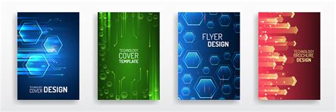 비즈니스 레이아웃 미래 브로셔 전단지 프레젠테이션 디지털 기술과 현대 과학 개념 브로셔 또는 커버를 위한 벡터 템플릿과 첨단 요소 및 육각형 배경 0명에 대한 스톡 벡터