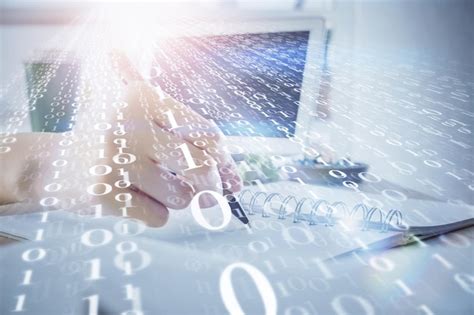 Premium Photo Double Exposure Of Hands Making Notes With Digital Coding Icons Computer