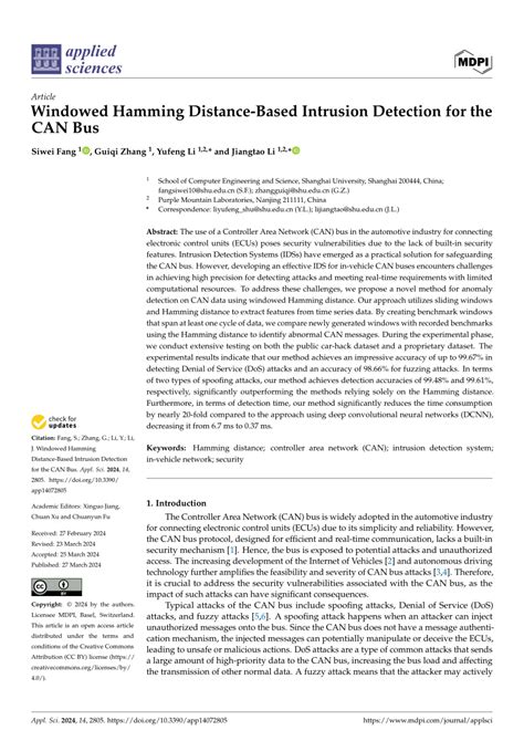 pdf windowed hamming distance based intrusion detection for the can bus