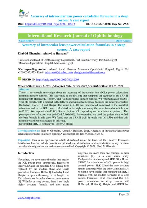 PDF Accuracy Of Intraocular Lens Power Calculation Formulas In A Steep Cornea A Case Report