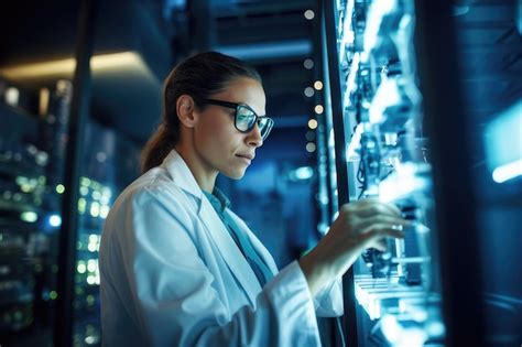 Premium Ai Image A Woman In White A Data Center Administrators Focused Dedication To