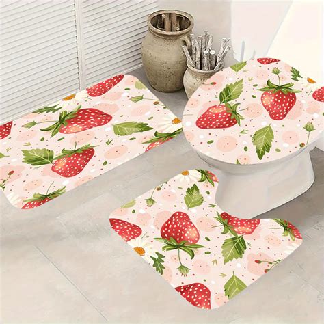 3 Pieces Strawberry Digital Print Toilet Mat Set Polyester Bathroom