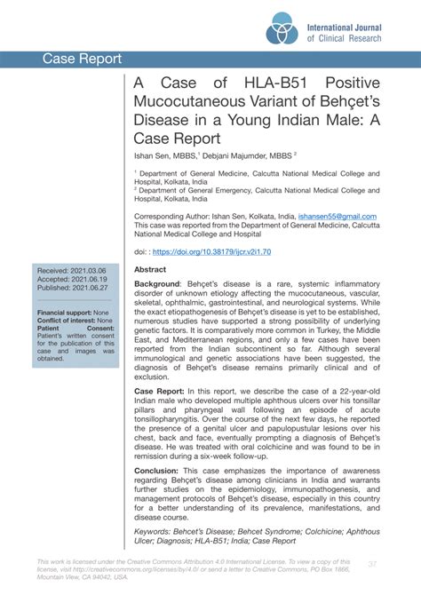 Pdf A Case Of Hla B51 Positive Mucocutaneous Variant Of Behçets Disease In A Young Indian