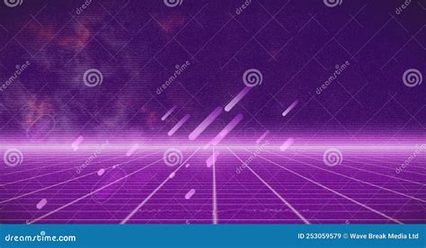 Digital Animation Of Graphical Displays Falling Over Grid Pattern Against Violet Background