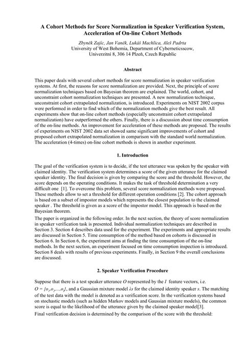 Pdf A Cohort Methods For Score Normalization In Speaker Verification