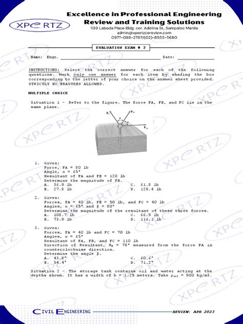 Engineering Evaluation Exam 2 Multiple Choice Questions On Statics