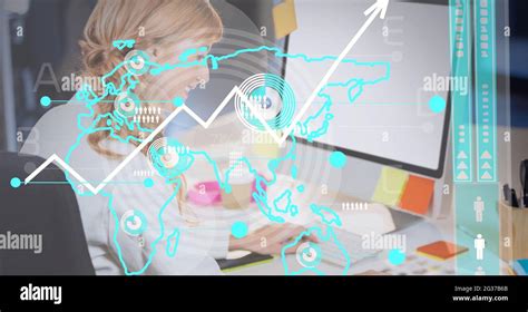 Data Processing Over World Map Against Caucasian Woman Using Computer At Office Stock Photo Alamy