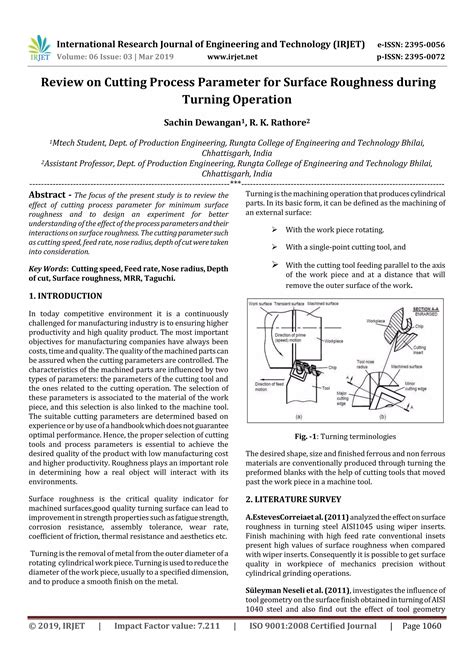 Irjet Review On Cutting Process Parameter For Surface Roughness During