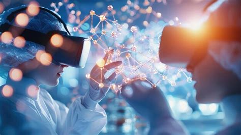 Innovative virtual reality experience with users exploring digital connections in a hightech ...