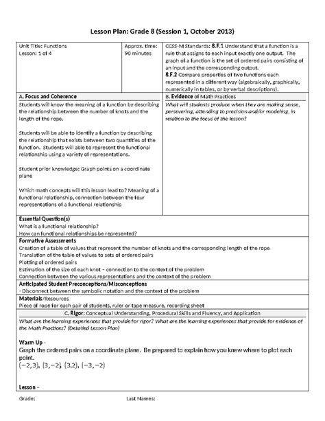 Functions Lesson Plan 10 Lesson Plan Grade 8 Session 1 October