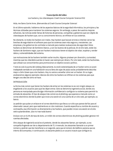 Hacker And Cyber Attacks Crash Course Transcript Es Es Pdf Ingeniería Social Seguridad Sql