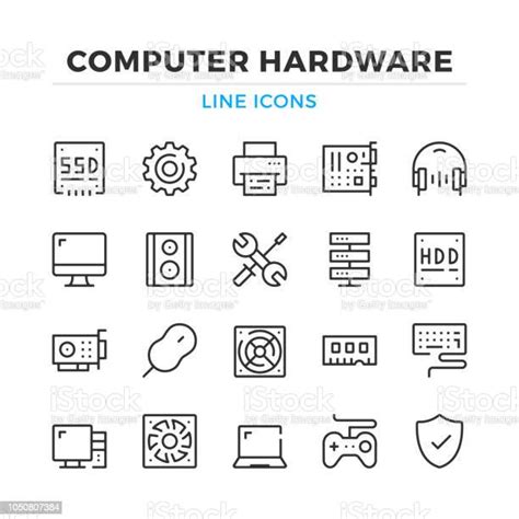 컴퓨터 하드웨어 라인 아이콘을 설정합니다 현대 개요 요소 그래픽 디자인 개념입니다 선 선형 스타일입니다 간단한 기호 컬렉션입니다