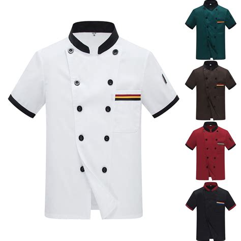 Mens Shirts Casual Short Sleeve Chef Uniform Double Button Down Stand Collar Blouses Comfort