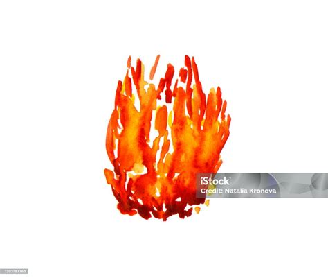 흰색 배경에 격리 된 수채화 화재 불꽃의 혀 텍스트 또는 글자 템플릿 손으로 그린 옐로우 오렌지 아쿠아렐 불타는 모닥불 불꽃이 있는 캠프파이어 실루엣 0명에 대한 스톡 벡터