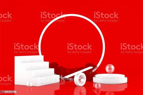 3d 화이트 서클 프레임 및 빈 제품 빨간색 배경 크리스마스 배경에 서 3차원 형태에 대한 스톡 사진 및 기타 이미지 3차원 형태 개념 계단 Istock