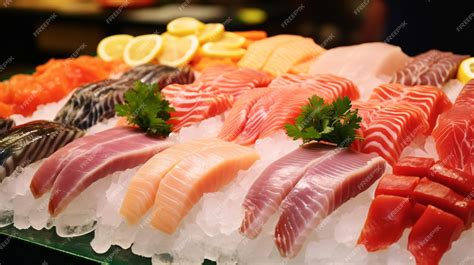 Premium Ai Image A Display Of Colorful Fish Fillets With Rows Of