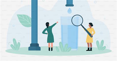 수질 연구 및 분석 벡터 그림입니다 돋보기로 수돗물에서 나오는 물방울을 연구하고 테스트에서 박테리아 세균 및 바이러스를 연구하고 모니터링하는 만화 작은 사람들 벡터