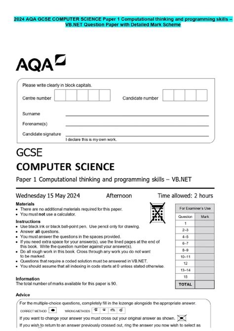 2024 Aqa Gcse Computer Science Paper 1 Computational Thinking And Programming Skills Vbnet