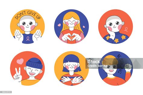 만화 스티커 아바타 암 환자의 행복한 캐릭터가 있는 아이콘 세트 소아암 유방암 대머리와 모자를 쓴 캐릭터 2월 4일 벡터 일러스트 레이 션 희망에 대한 스톡 벡터 아트 및