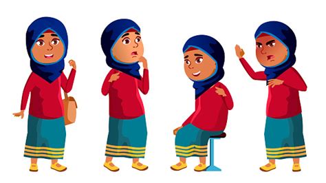 아랍 무슬림 소녀 아이 포즈 벡터를 설정 합니다 고등학교 어린이 아이 눈동자 활동적인 기쁨 여가 배너 전단지 브로셔 디자인 고립 된 만화 삽화 가리기에 대한 스톡 벡터 아트
