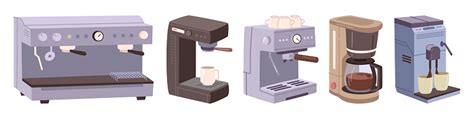 맛있고 향기로운 음료를 준비하고 양조하기위한 커피 장비 및 기계 제조업체 커피 숍 또는 카페 서비스 구색이있는 상점 플랫 스타일의 벡터 가정 생활에 대한 스톡 벡터 아트 및