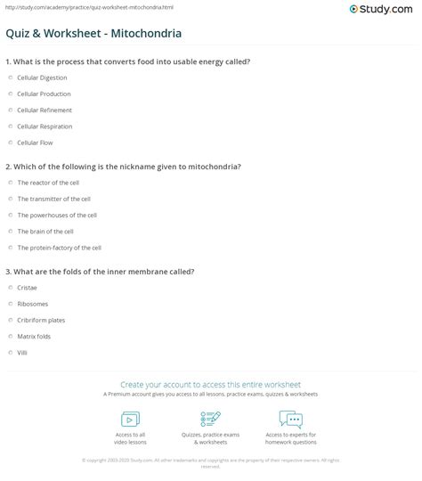 Quiz And Worksheet Mitochondria