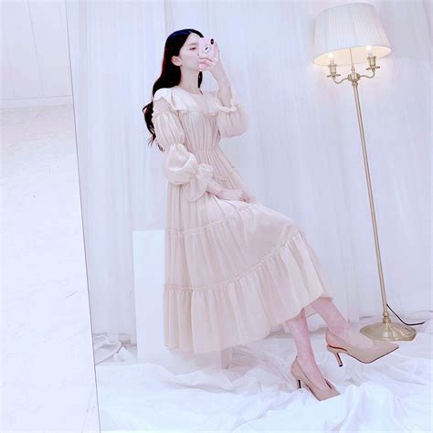 당일발송💗 여신 쉬폰 프릴 러플 롱 원피스 연베이지핑크 봄 결혼식 하객룩 파티룩 모임룩 웨딩 스냅 올드머니 올드머니룩