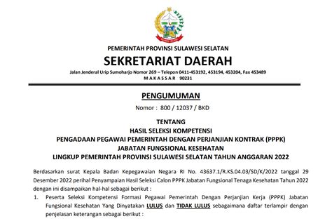 Pengumuman Hasil Seleksi Kompetensi CPPPK Jabfung Tenaga Kesehatan Provinsi Sulawesi Selatan