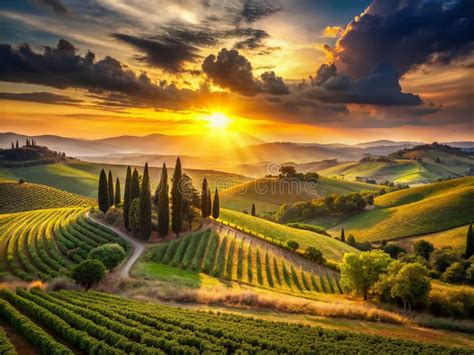 Captivating Tuscan Sunset Over A Hillside Vineyard A Breathtaking View