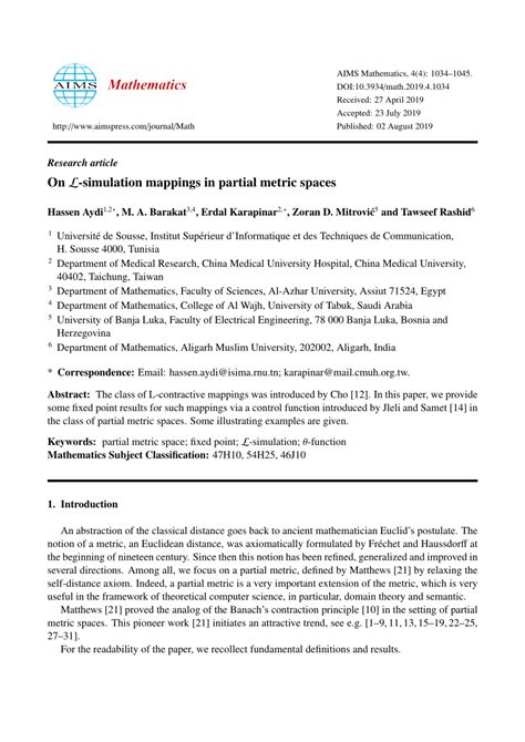 PDF On Mathcal L Simulation Mappings In Partial Metric Spaces