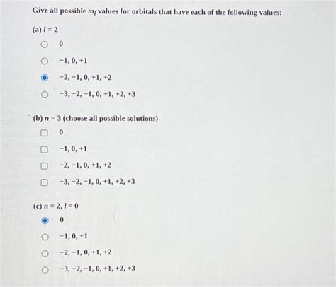 give all possible ml values for orbitals that have