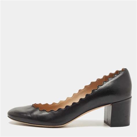 Chloe Navy Black Leather Laurena Scalloped Block Heel Pumps Size 37 5