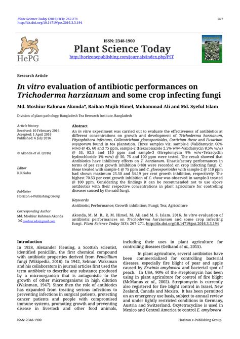Pdf In Vitro Evaluation Of Antibiotic Performances On Trichoderma Harzianum And Some Crop