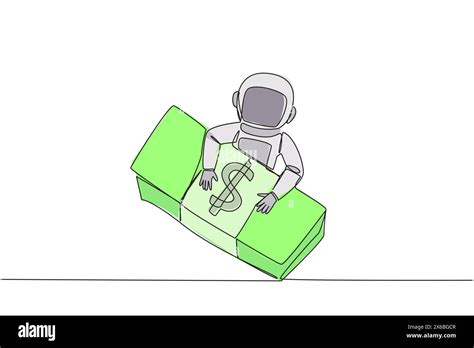 Continuous One Line Drawing Astronaut Hugging Pile Of Banknotes Got