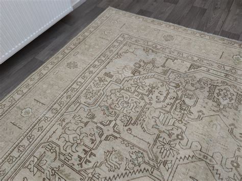 Turkish Neutral Vintage Rug 10x13 Tabriz Rug 10x12 Beige Brown Pale