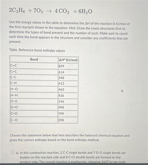 Solved 2c 2 H 6 7o 2 4co 2 6h 2 O Nuse The Energy