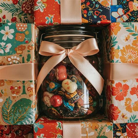 A Jar Filled With Assorted Candies Is Wrapped With A Pink Ribbon It Is