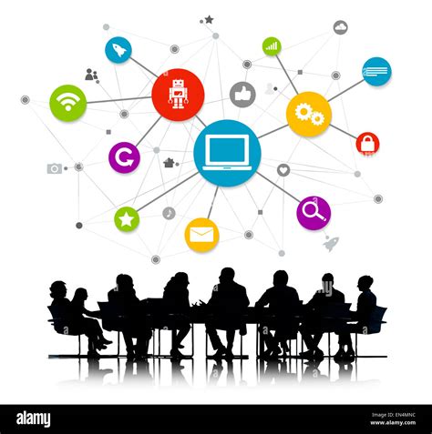 Group Of Business People Working And Global Networking Symbols Above