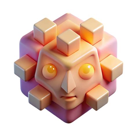 3d Cube Face Illustration Glowing Eyes Blocky Design Digital Art Pink And Orange Color