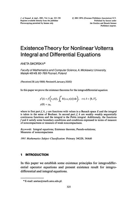 Pdf Existence Theory For Nonlinear Volterra Integral And Differential