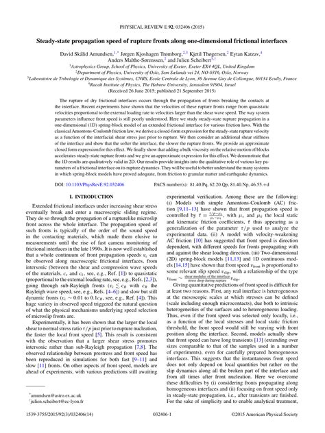 pdf steady state propagation speed of rupture fronts along 1d