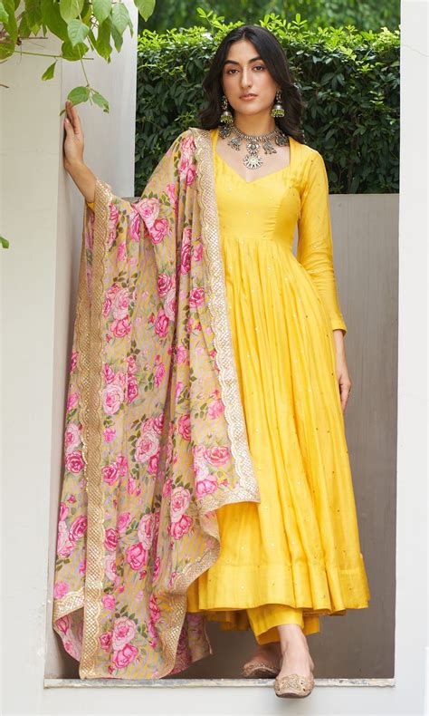 Thiss Set Includes Solid Mukaish Anarkali Palazzo And Floral Printed Dupatta Mukaish Work On