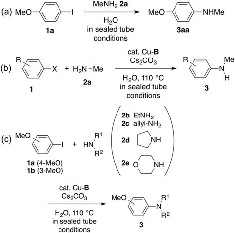 ullmann coupling of 4 iodoanisole 1a with methylamine 2a b