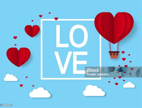 사랑 해요 발렌타인 데이 인사말 카드 종이 잘라 마음 심장 뜨거운 공기 풍선입니다 벡터 밸런타인데이에 대한 스톡 벡터 아트 및