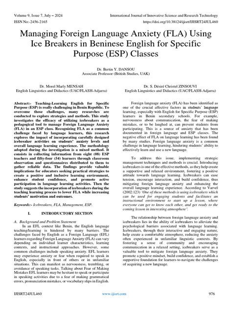 Managing Foreign Language Anxiety Fla Using Ice Breakers In Beninese