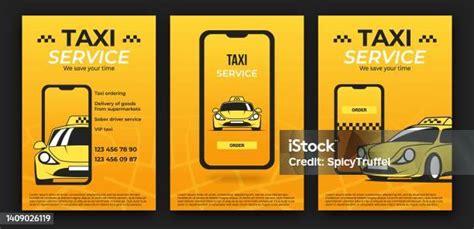 택시 포스터 자동차 경주 서비스 전단지 또는 스포츠 배너 레이아웃 배달 광고 프로모션 주문 자동차 앱 택시 드라이브 브로셔 세트 스마트 폰 응용 프로그램 벡터 디자인 노란색